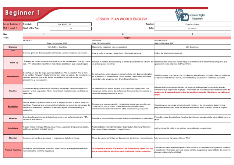 Lesson Plan Beginner Ejemplo. | PDF
