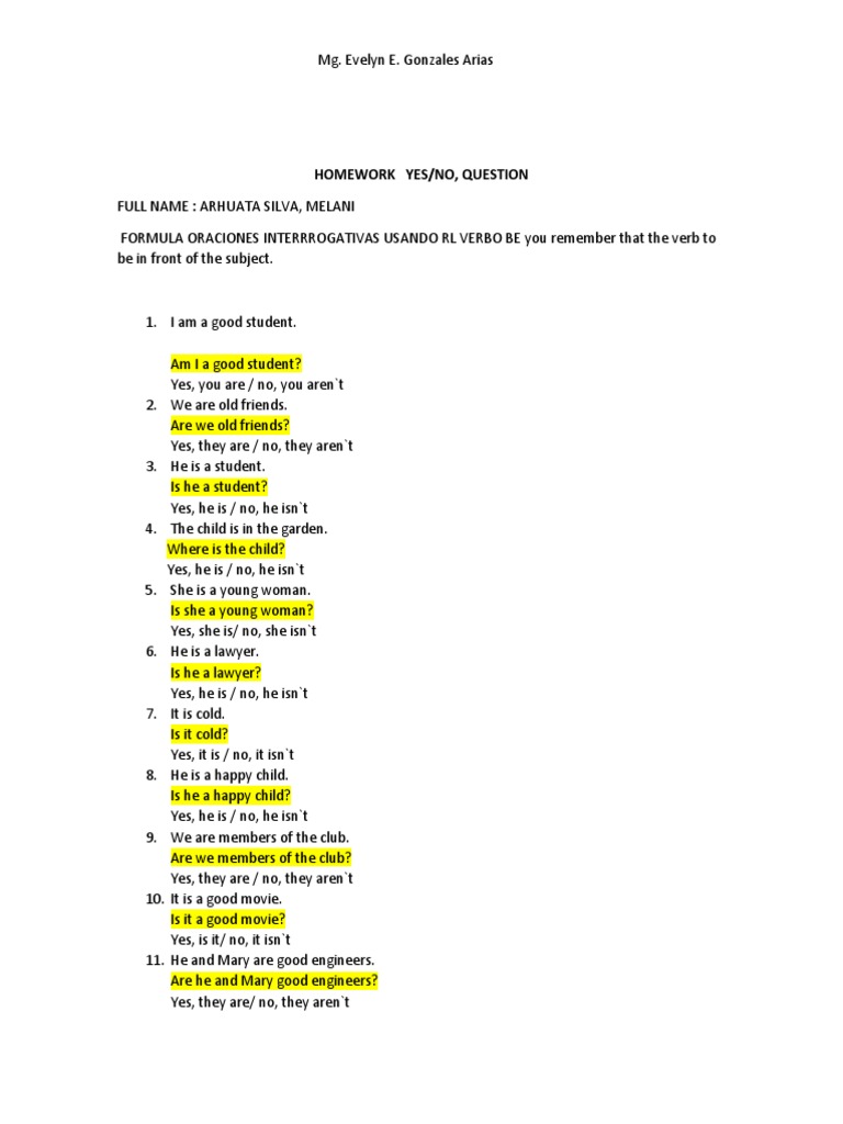 HOMEWORK Preguntas Verb To Be | PDF | Language Arts & Discipline | Self ...