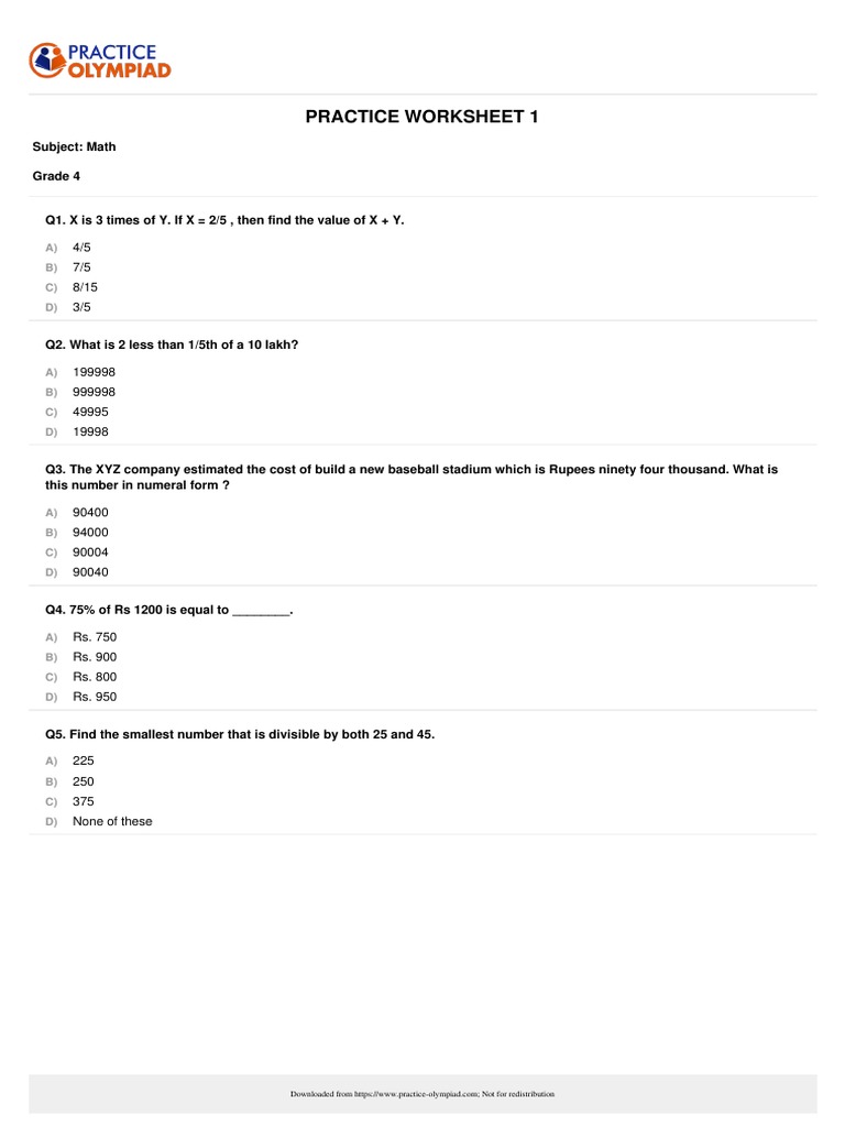 Practice Worksheet 1: A) B) C) D) | Download Free PDF | Mathematics