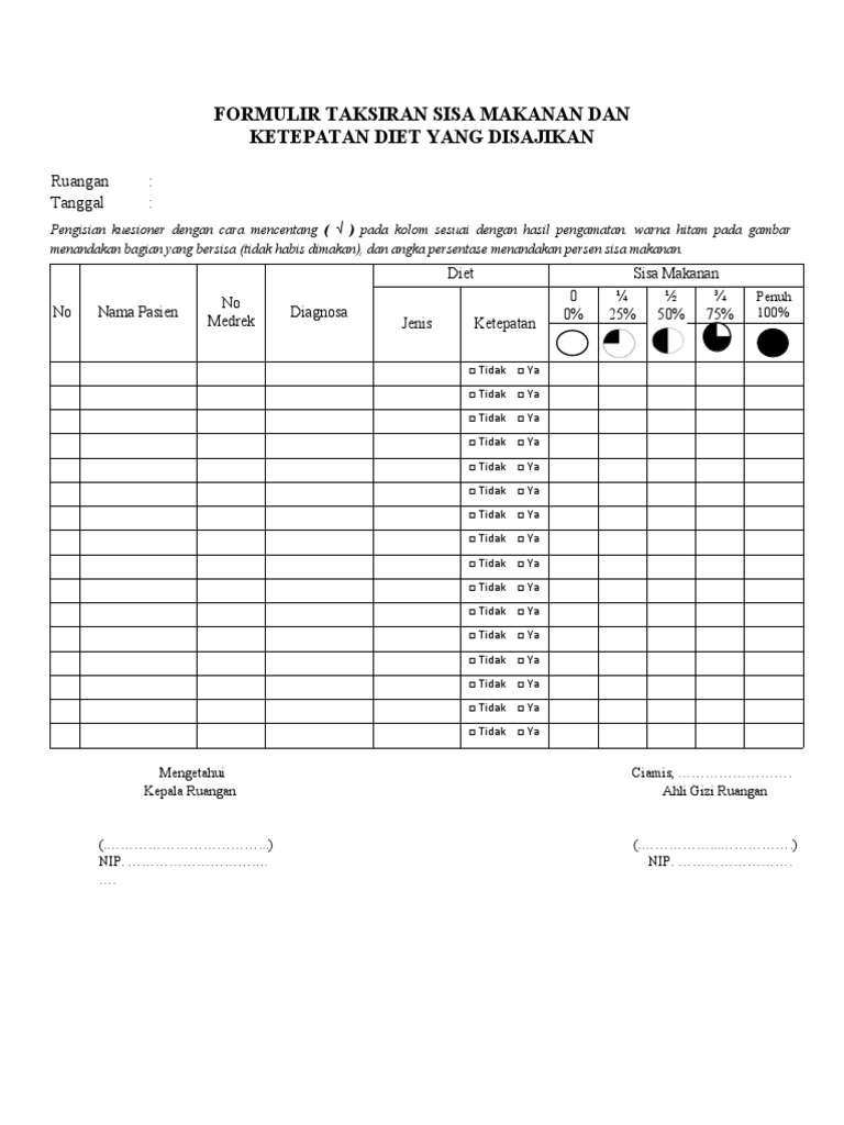 FORMULIR TAKSIRAN SISA MAKANAN Dan KETEPATAN DIET | PDF