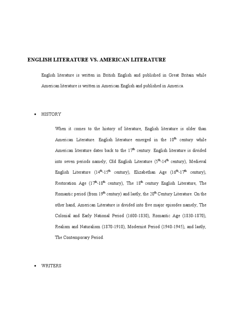 English vs American Literature Overview | PDF | English Literature ...