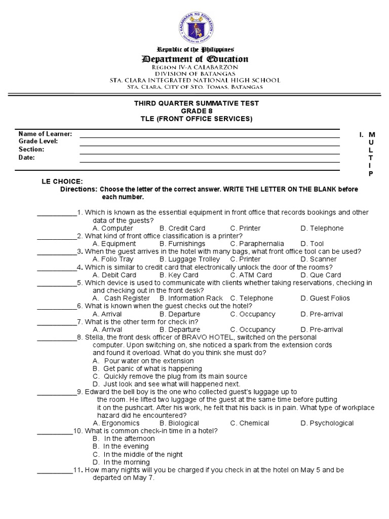 Grade 8 TLE Front Office Test | PDF | Occupational Safety And Health | Risk