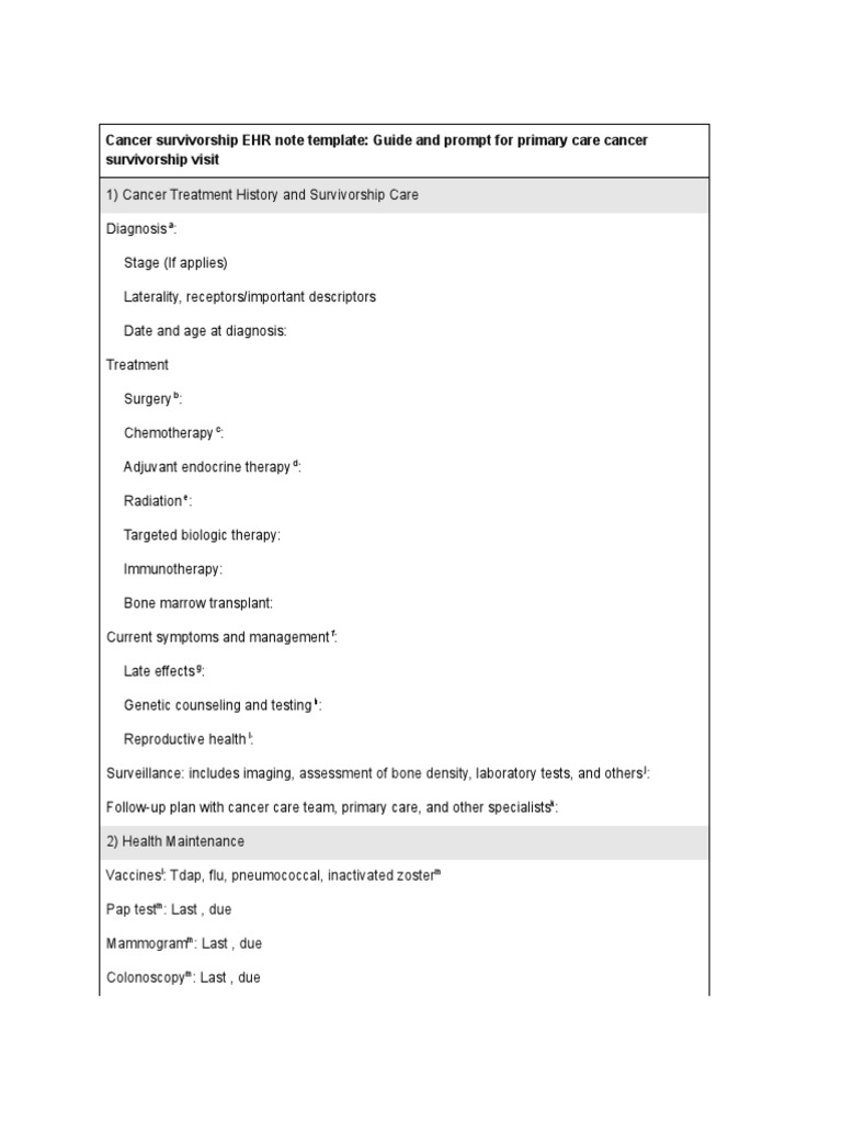 Cancer Survivorship EHR Note Template | PDF | Cancer | Cancer Survivor