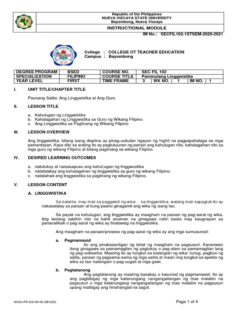 SEC FIL 102 Linggwistika Module 1 | PDF