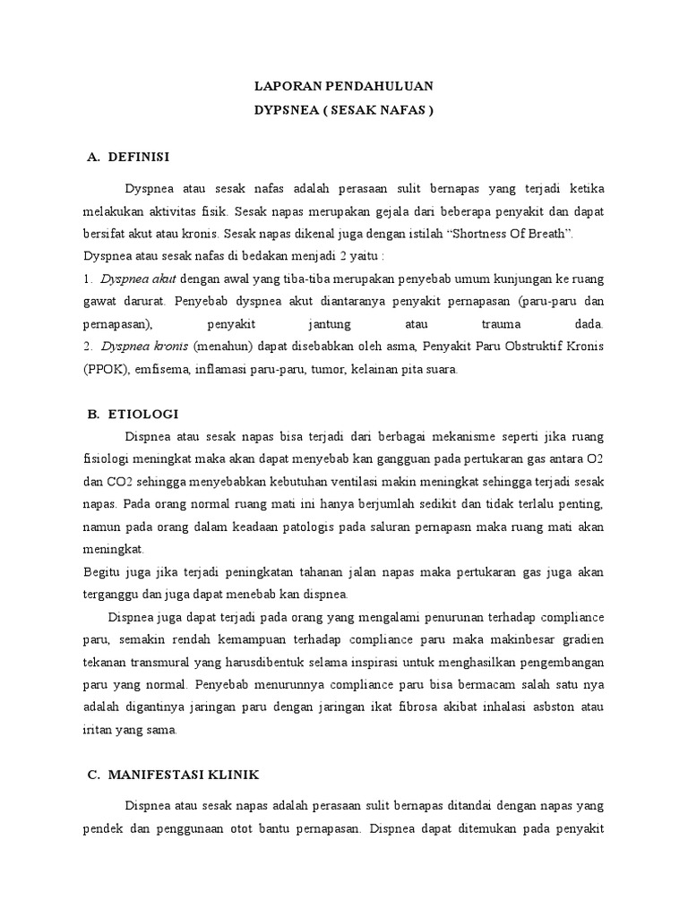 Laporan Pendahuluan Pada Kasus Dyspnea | PDF | Kajian Bahasa Asing | Kesehatan Holistik