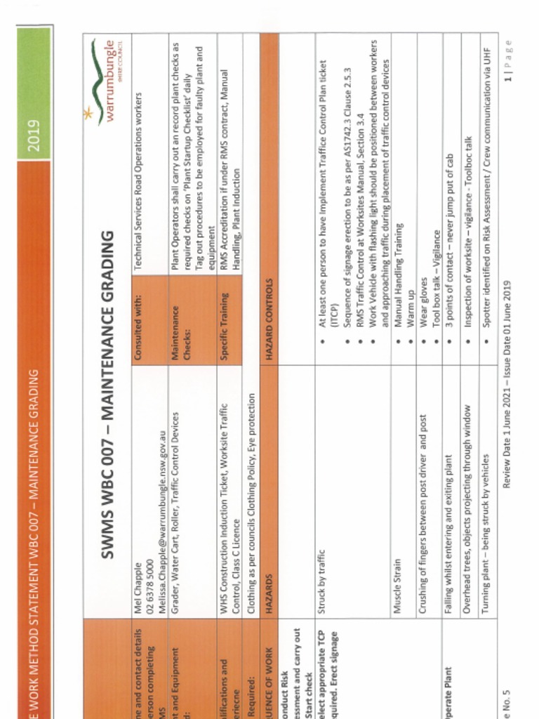 SWMS WBC 007 - Maintenance Grading | PDF