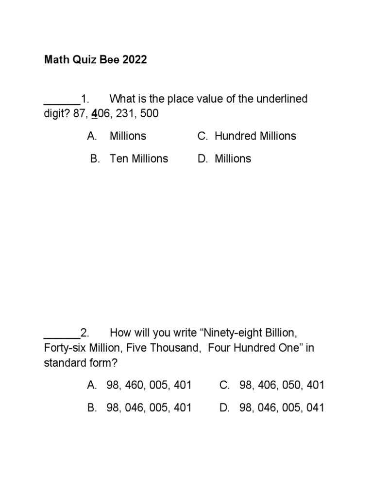 Math Quiz Bee 2022 | PDF
