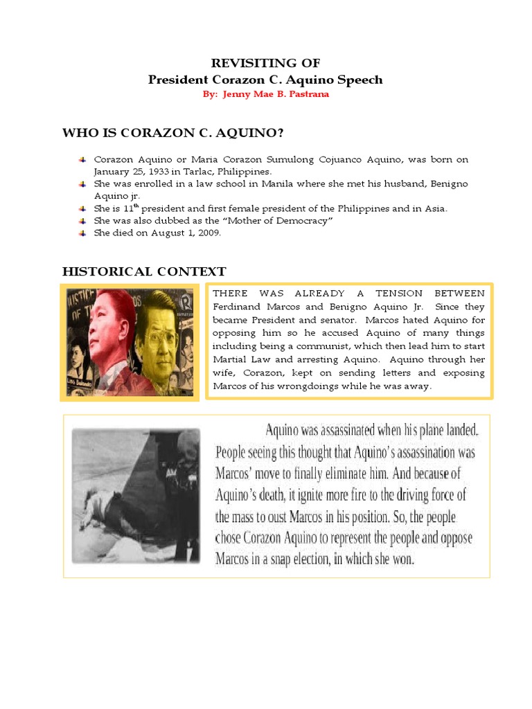 Revisitting of Cory Aquino Speech by Jenny Mae B. Pastrana-Word | PDF ...