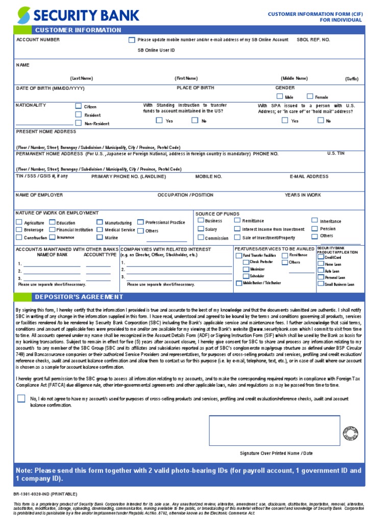 SBOL Enrollment Customer Information Form | PDF | Banks | Audit
