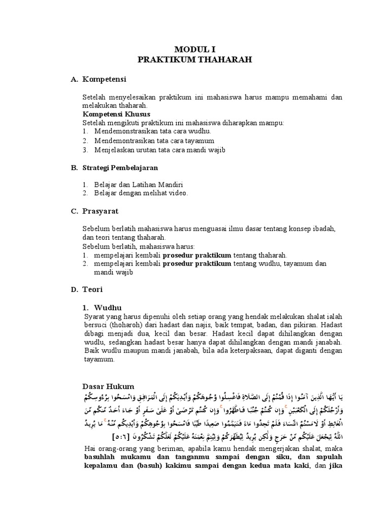 Modul I Thaharoh, Wudhu, Tayamum, Mandi Wajib | PDF
