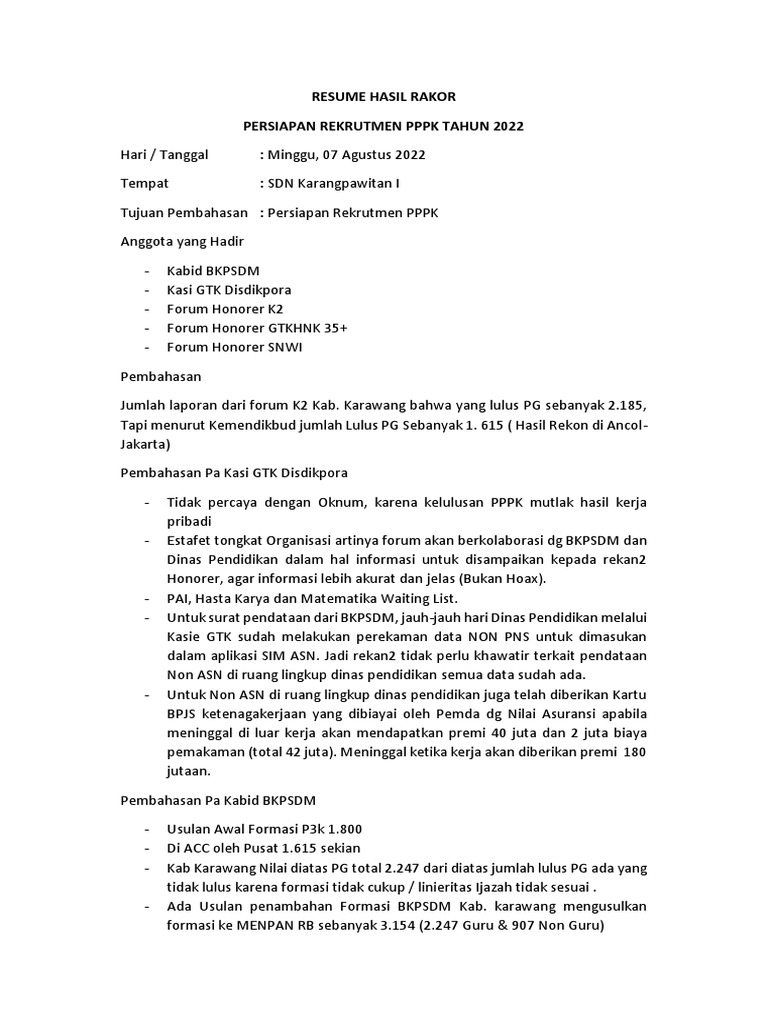 Resume Hasil Rakor PPPK 07-08-2022 | PDF