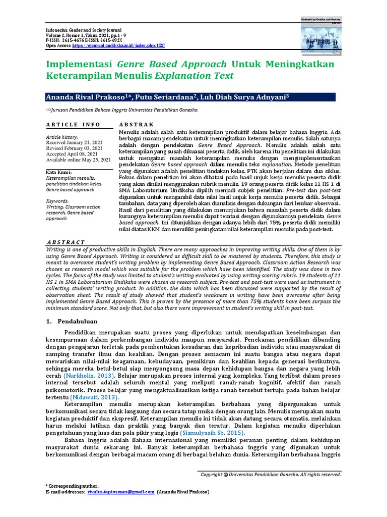 Implementasi Genre Based Approach Untuk Meningkatkan Keterampilan Menulis Explanation Text | PDF ...