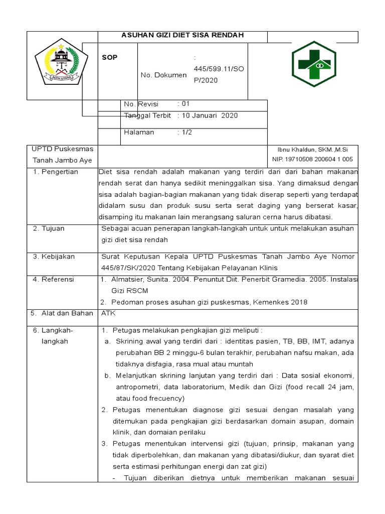 Sop Asuhan Gizi Diet Sisa Rendah 2020 | PDF