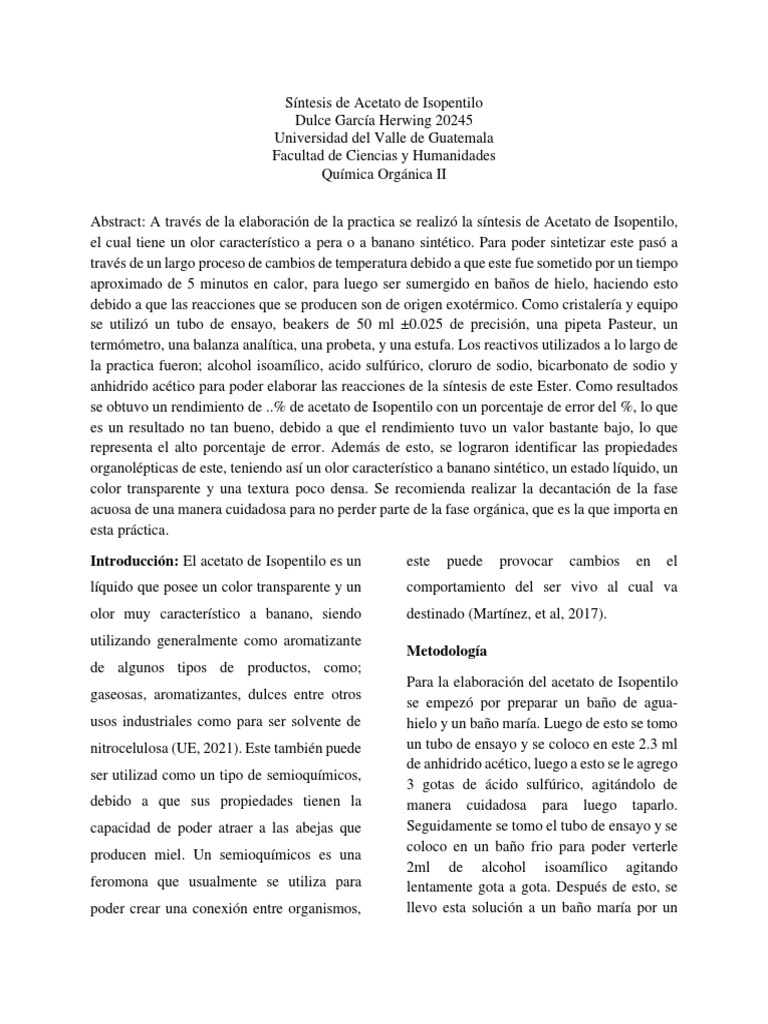 Practica de Síntesis de Acetato de Isopentilo | PDF | Acetato ... Practica de Síntesis de Acetato de Isopentilo | PDF | Acetato ...