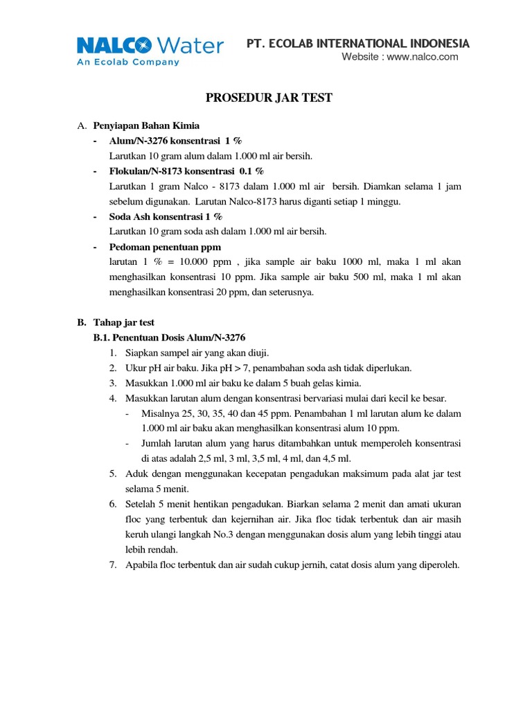Prosedur dan Perhitungan Jar Test | PDF