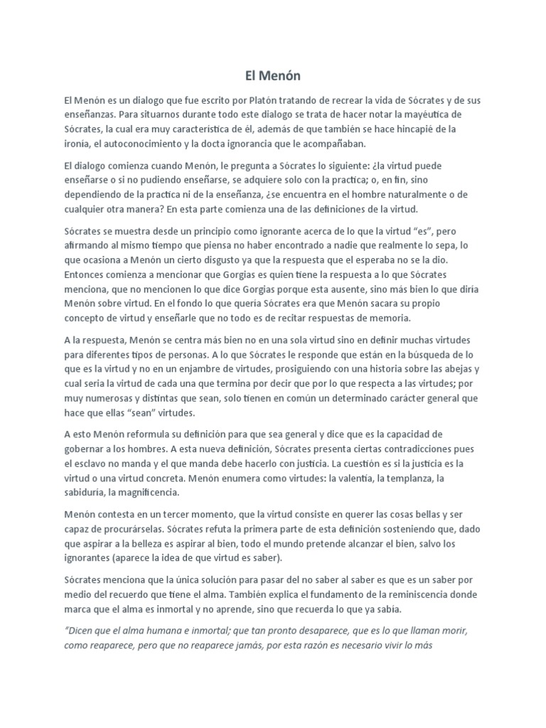 El Menón | PDF | Sócrates | Conocimiento