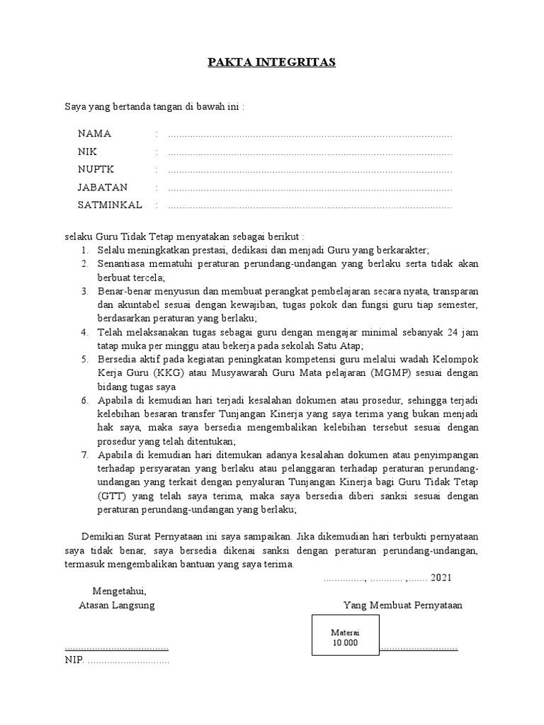 Pakta Integritas Guru GTT-1 - Rev | PDF
