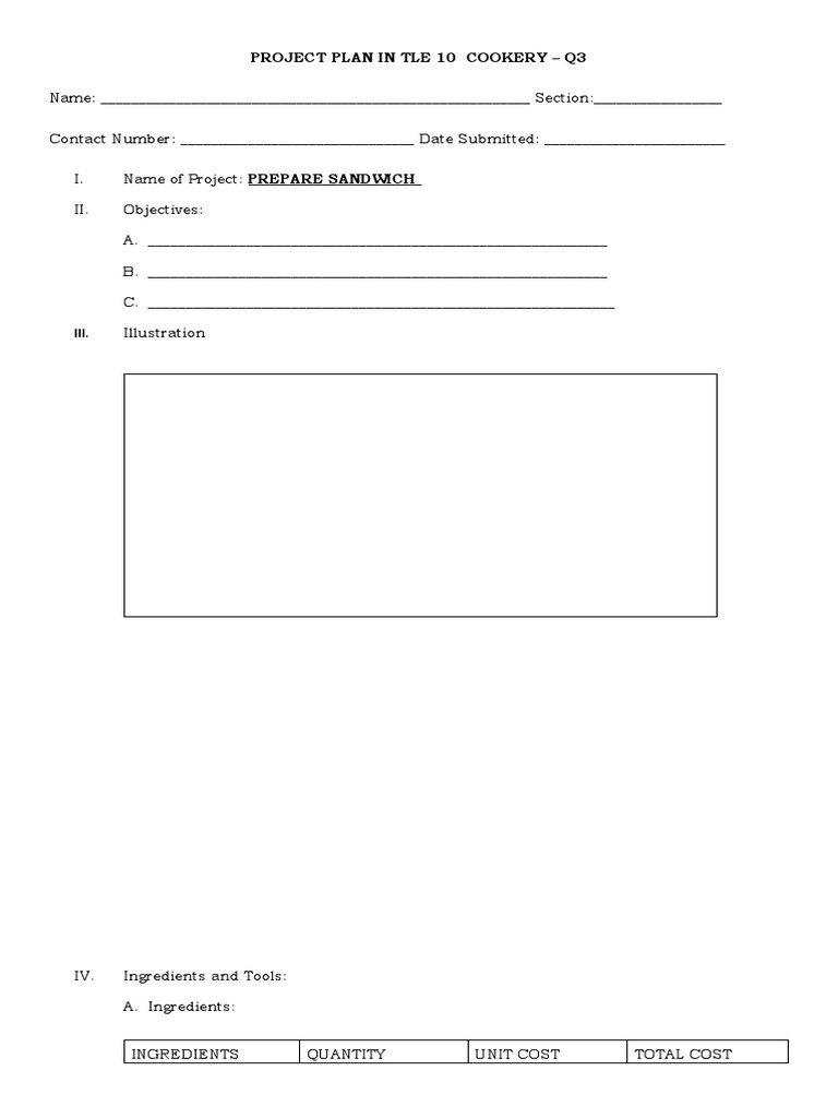 Project Plan in Tle 10 Cookery q3 | PDF
