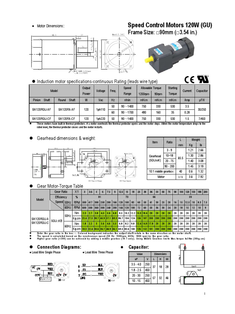 Speed Control Motors 120W (GU) : Frame Size: 90mm ( 3.54 In.) | PDF ...