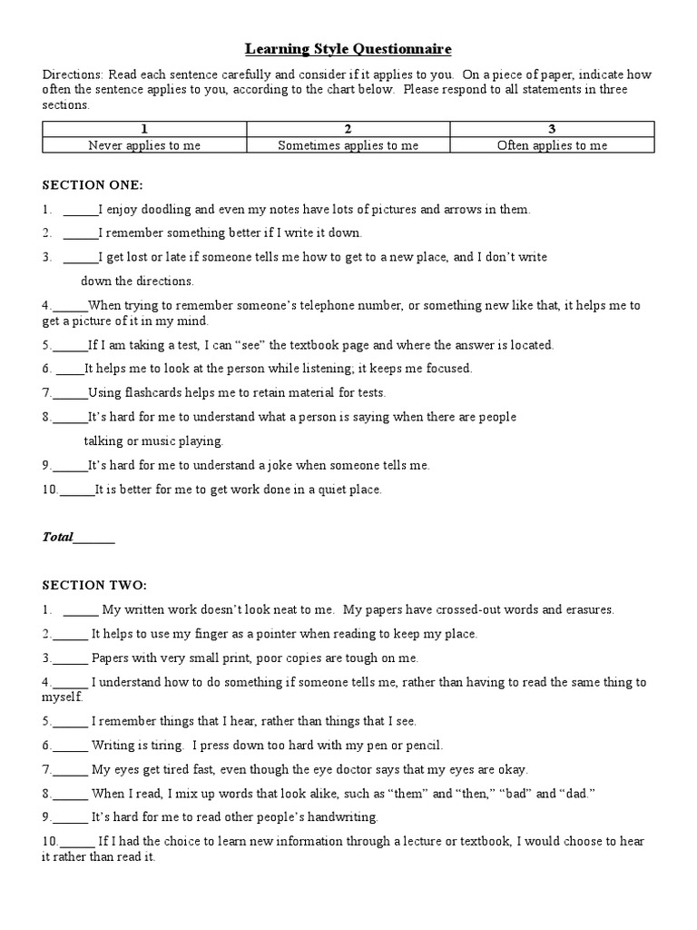 Learning Style Questionnaire | PDF | Neuroscience | Behavior Modification