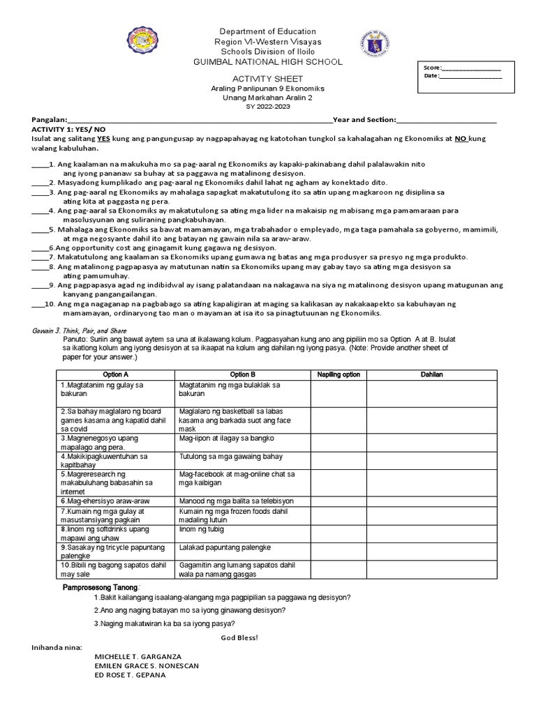 Activity Sheet Q1 Module 2 | PDF