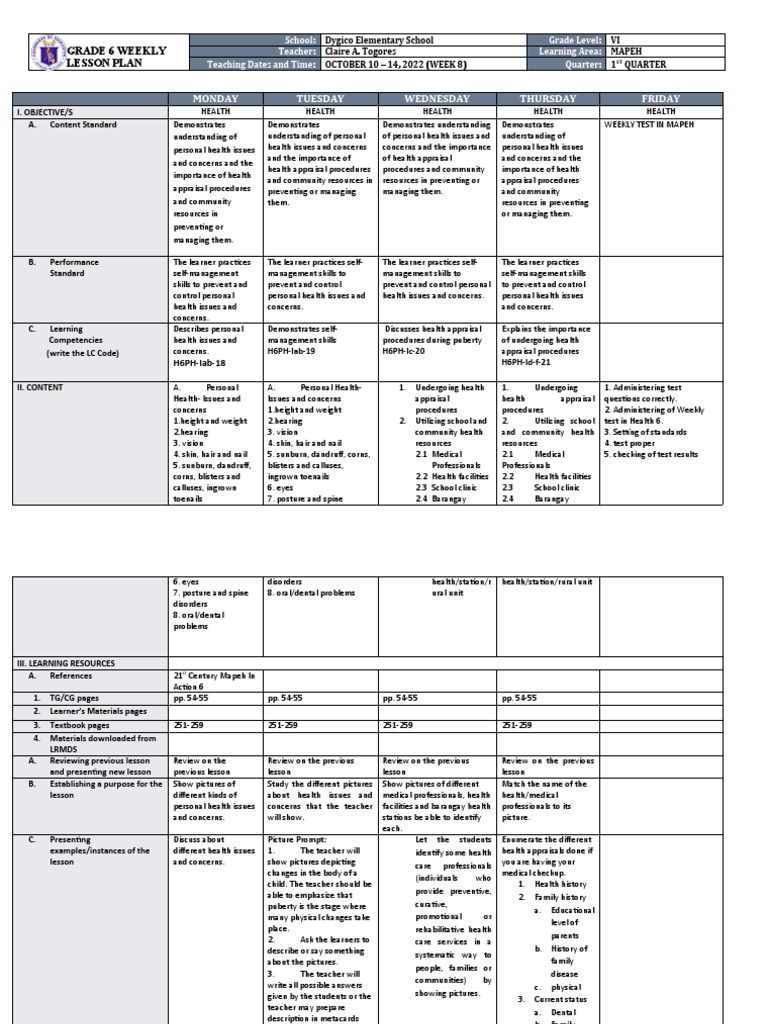 DLL - Mapeh 6 - Q1 - W8 | PDF | Teachers | Screening (Medicine)