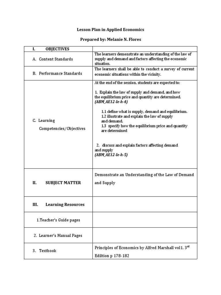 Lesson Plan in Applied Economics Semi Detailed Final | PDF | Supply And ...