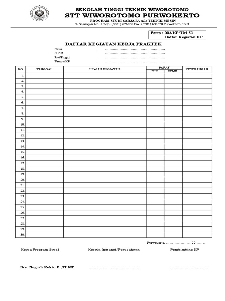 Form Daftar Kegiatan KP | PDF