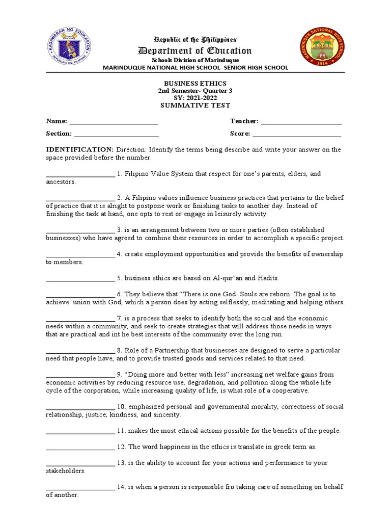 Business Ethics Summative Test Answers | PDF | Business Ethics | Interest