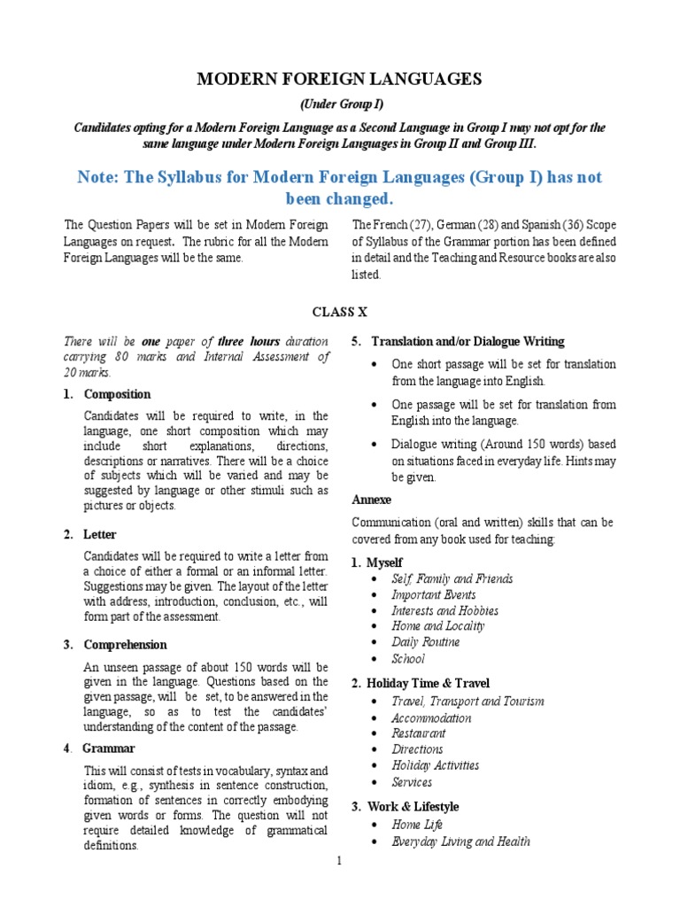 Modern Foreign Language - Group I (Including French, German and Spanish ...