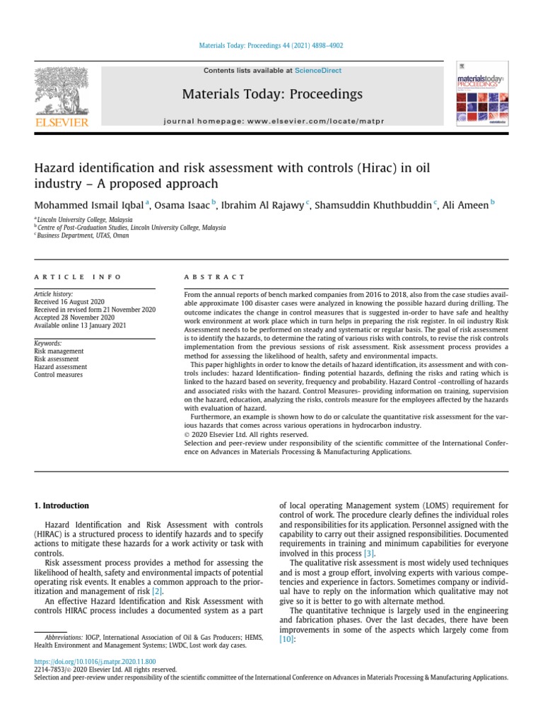 Hazard Identification and Risk Assessment With Controls (Hirac) in Oil ...