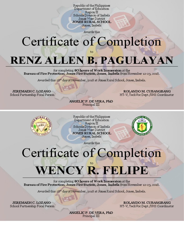 Edited Certificate of Completion in Work Immersion | PDF | Governance ...