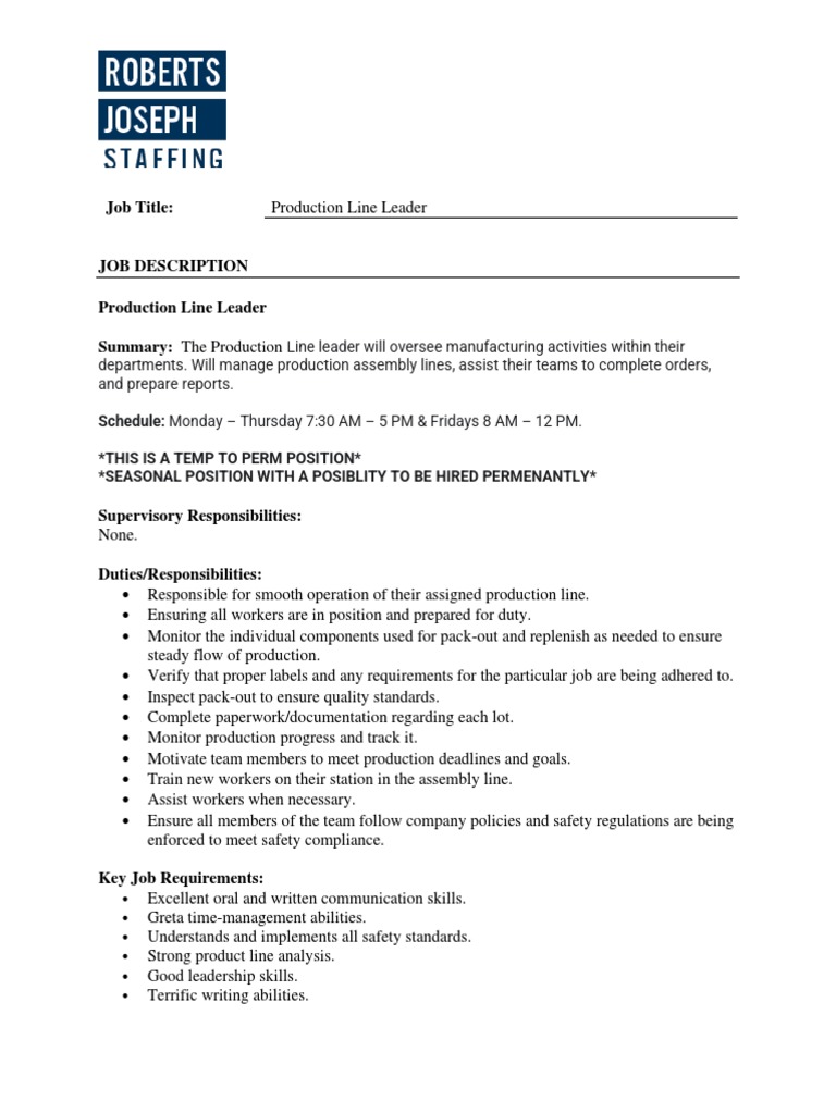 Production Line Leader - Rjs JD | PDF