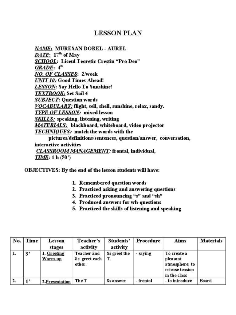 LESSON PLAN-clasa 4 Question Words | PDF