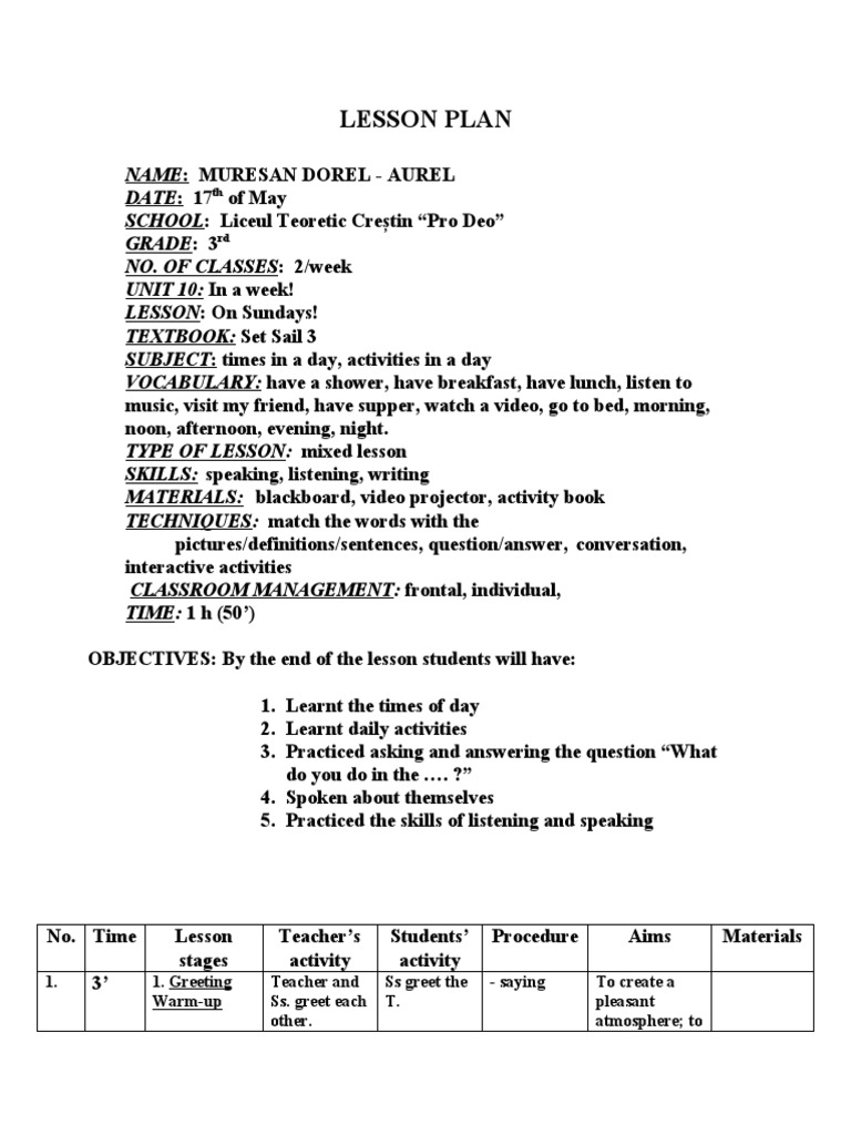 LESSON PLAN-On Sundays | PDF | Cognitive Psychology | Human Communication