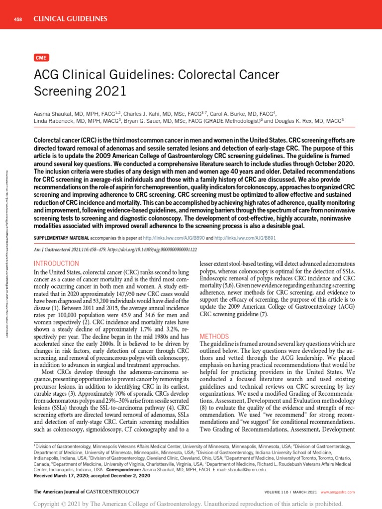 ACG Clinical Guidelines: Colorectal Cancer Screening 2021 | PDF ...