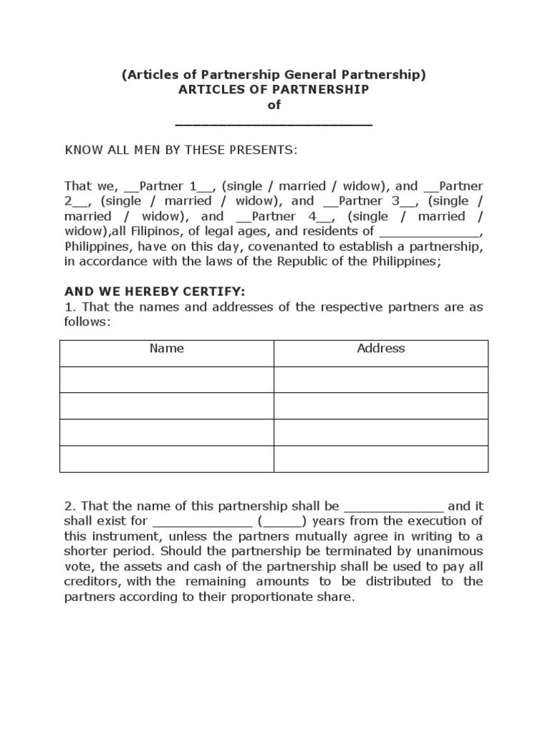 Articles of Partnership General Partnership | PDF