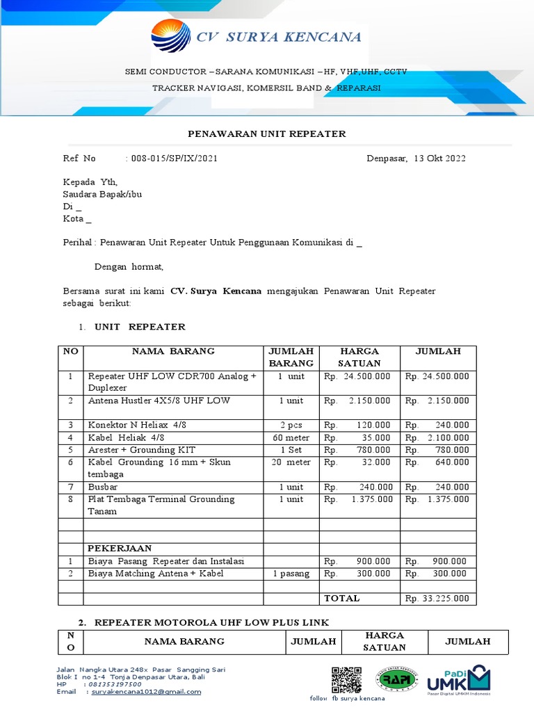 Contoh Surat Penawaran Repeater | PDF