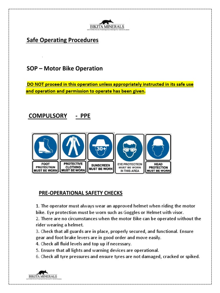 Safe Operating Procedure of Motor Bike | PDF