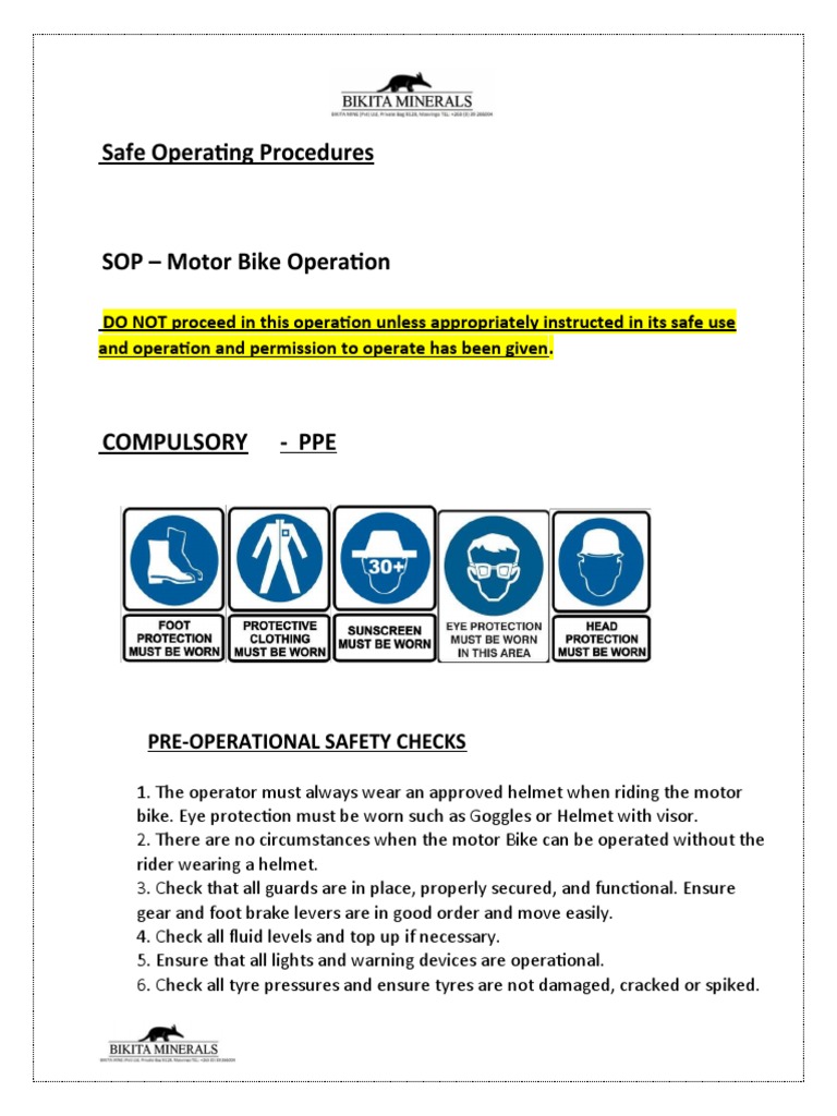 Safe Operating Procedure of Motor Bike | PDF | Motorcycle | Brake