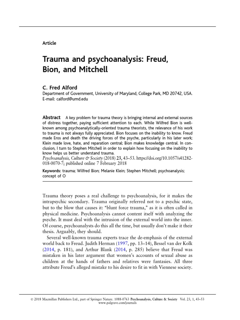 Trauma and Psychoanalysis: Freud, Bion, and Mitchell: C. Fred Alford ...