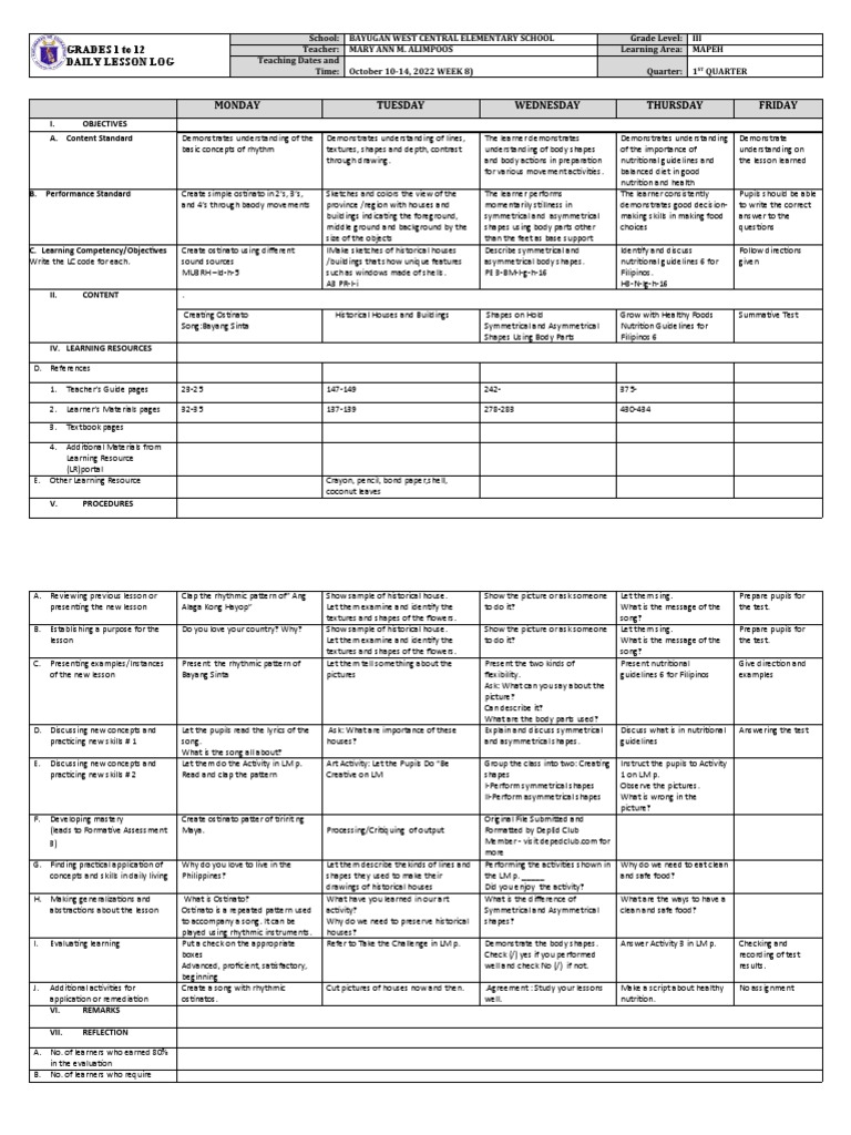 DLL Mapeh-3 Q1 W8 | PDF