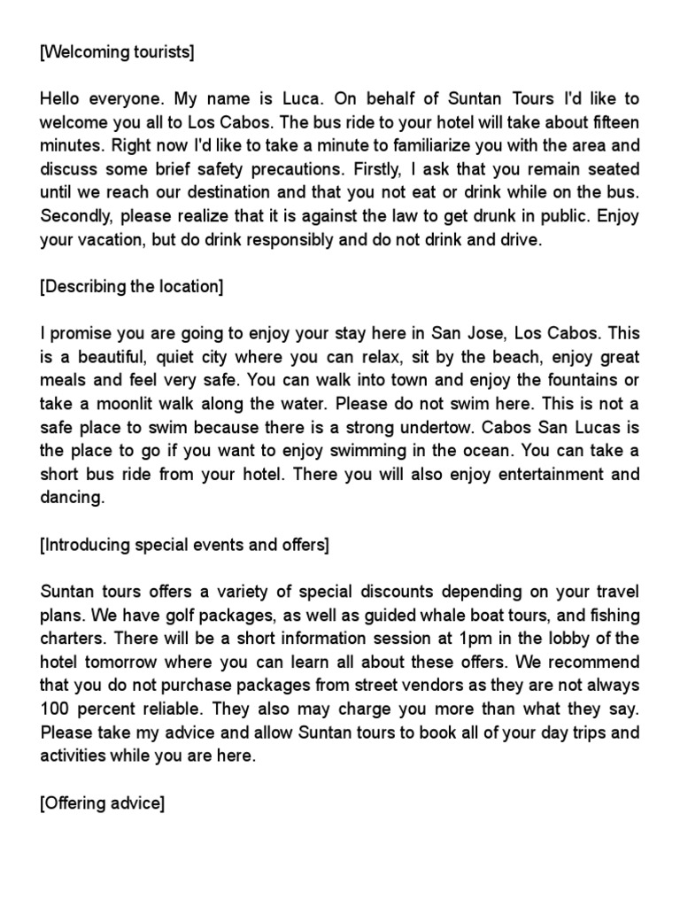 Sample Tour Guide Speech in English - Los Cabos | PDF | Money | Economies