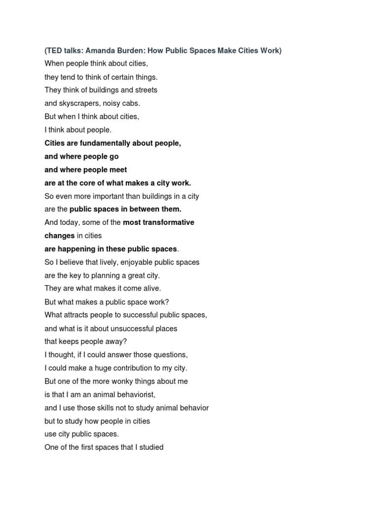 TED Talks Amanda Burden How Public Spaces Make Cities Work | PDF | New ...