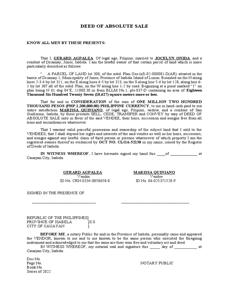 Deed of Absolute Sale | PDF | Civil Law (Legal System) | Law And Economics