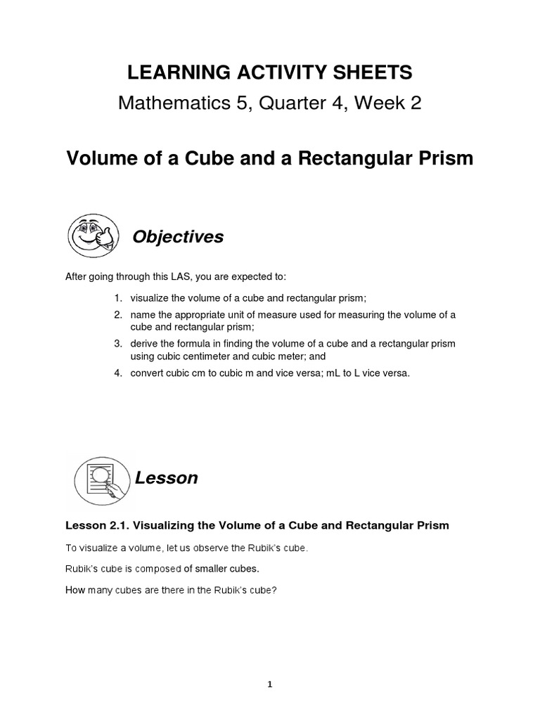 LAS - Math5 - Q4 - Wk2 - Volume of A Cube and A Rectangular Prism | PDF | Teaching Methods ...
