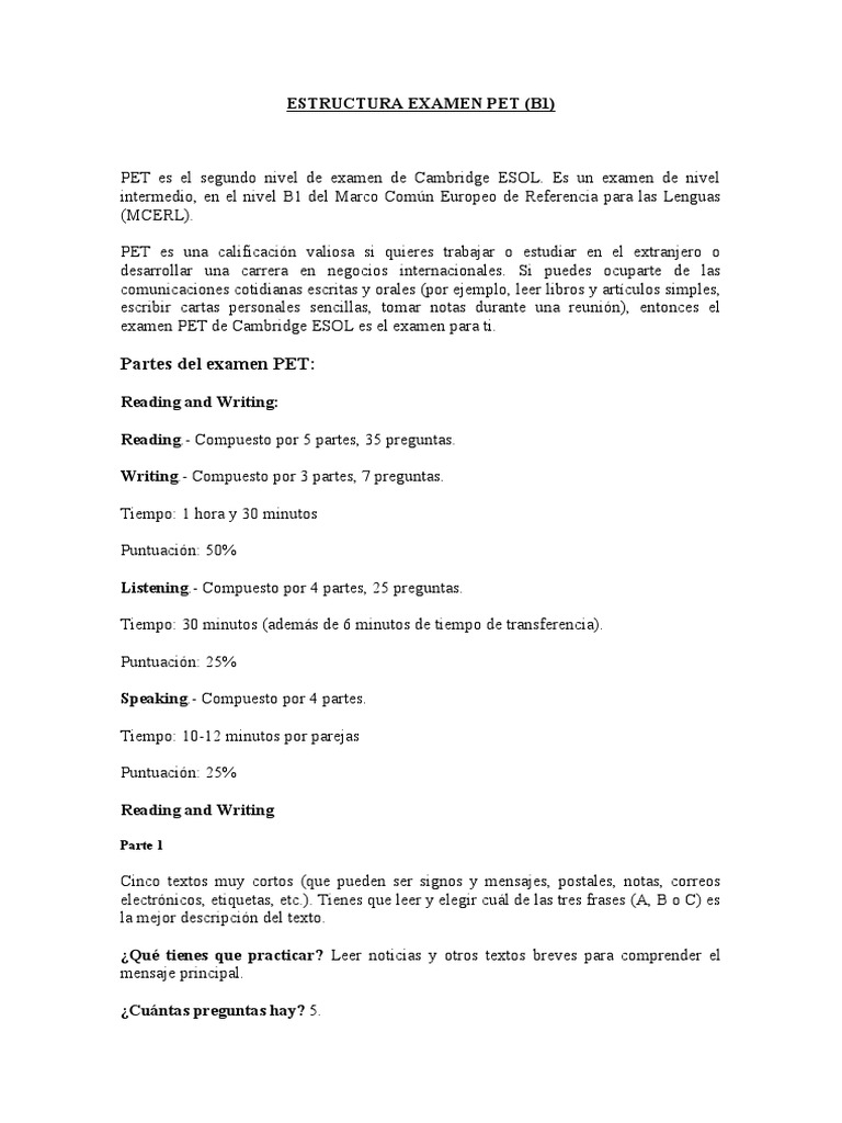 Estructura Examen Pet | PDF | Prueba (evaluación) | Puntuación