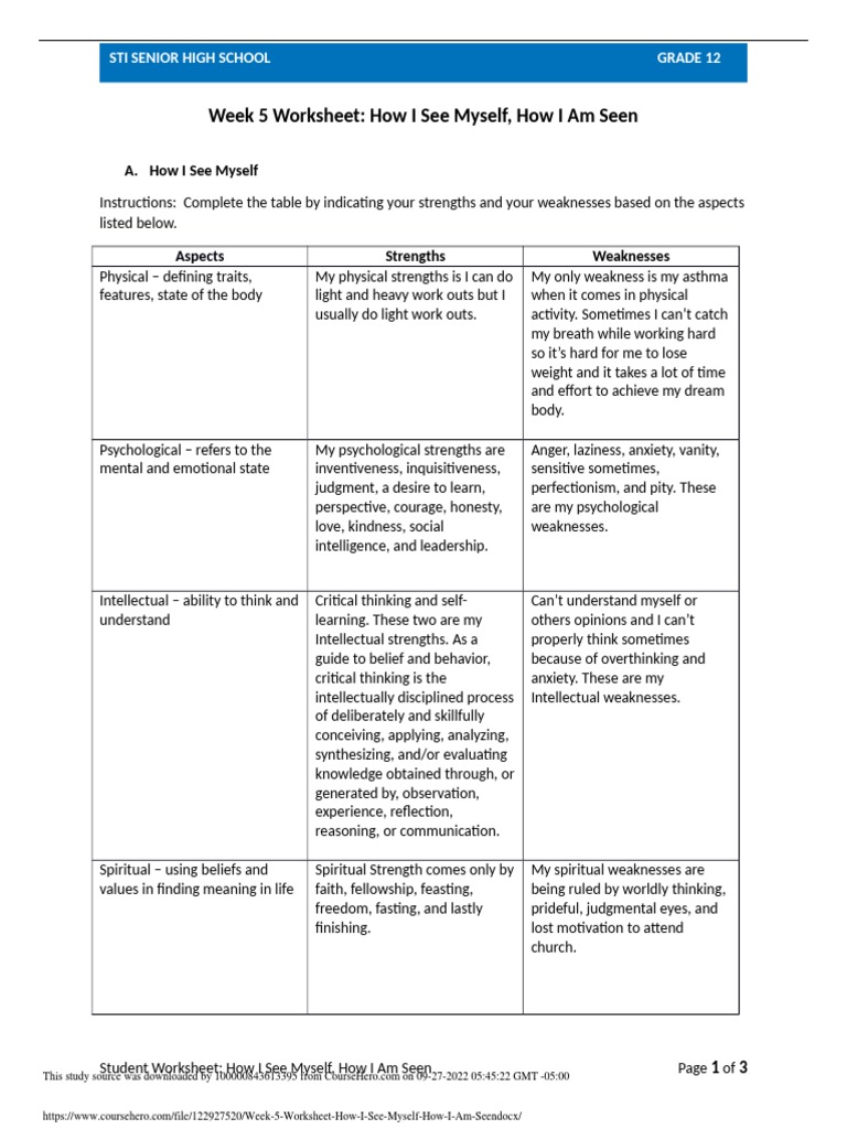 Self-Reflection Worksheet: Strengths & Weaknesses | PDF | Psychology ...
