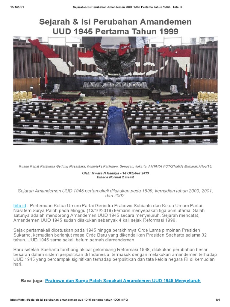 Sejarah And Isi Perubahan Amandemen Uud 1945 Pertama Tahun 1999 Tirto Id Pdf 