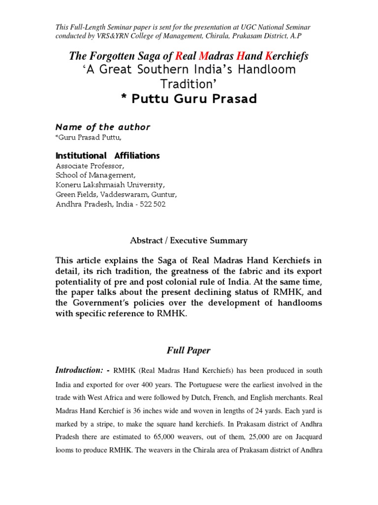 Real Madras Handkerchiefs The Forgotten Saga of RMHK Full Paper On RMHK | PDF | Weaving | Loom
